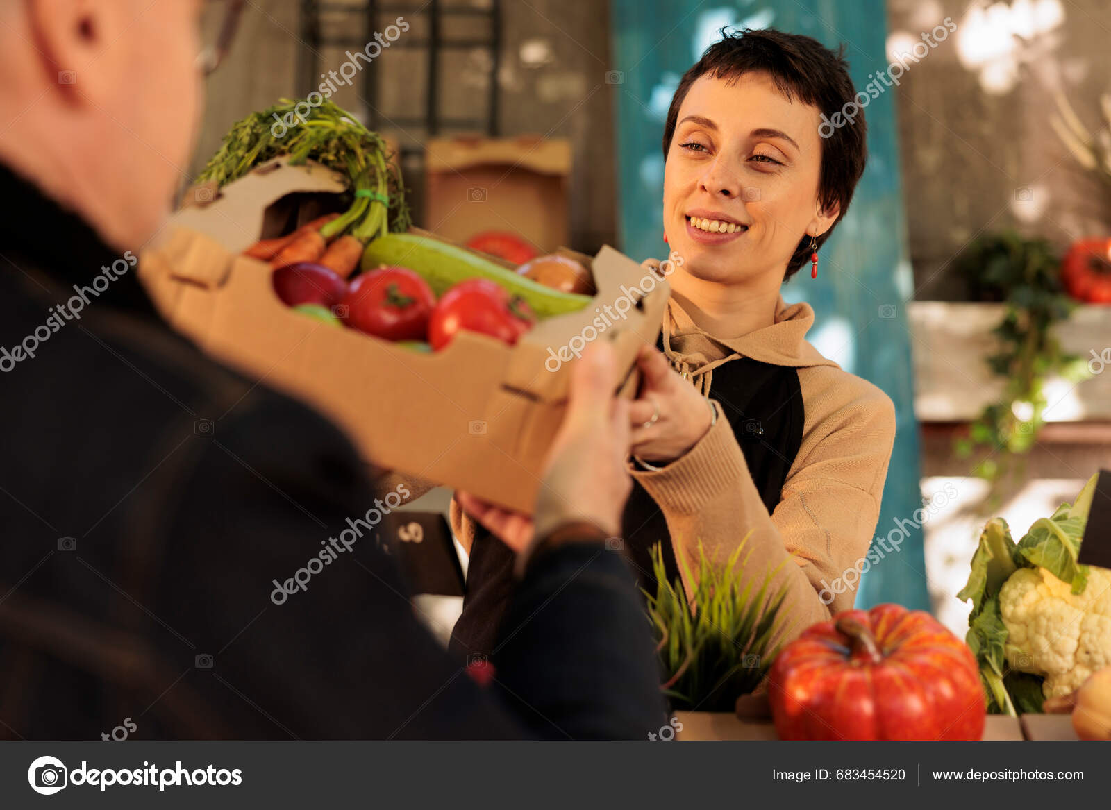 Young Pleasant Woman Giving Box Full Fresh Organic Fruits Vegetables ...
