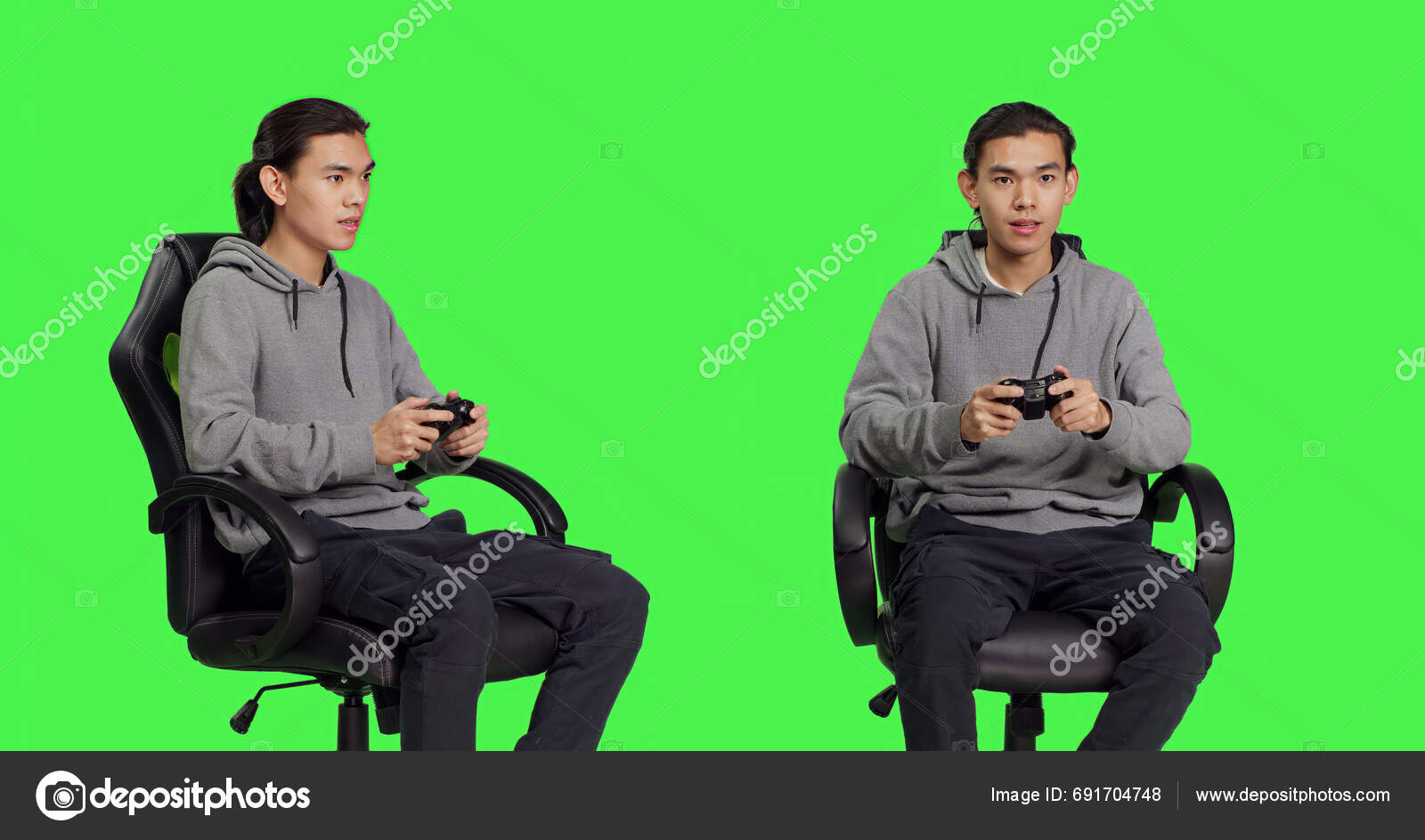 Asian Guy Playing Videogames Greenscreen Backdrop Using Controller ...