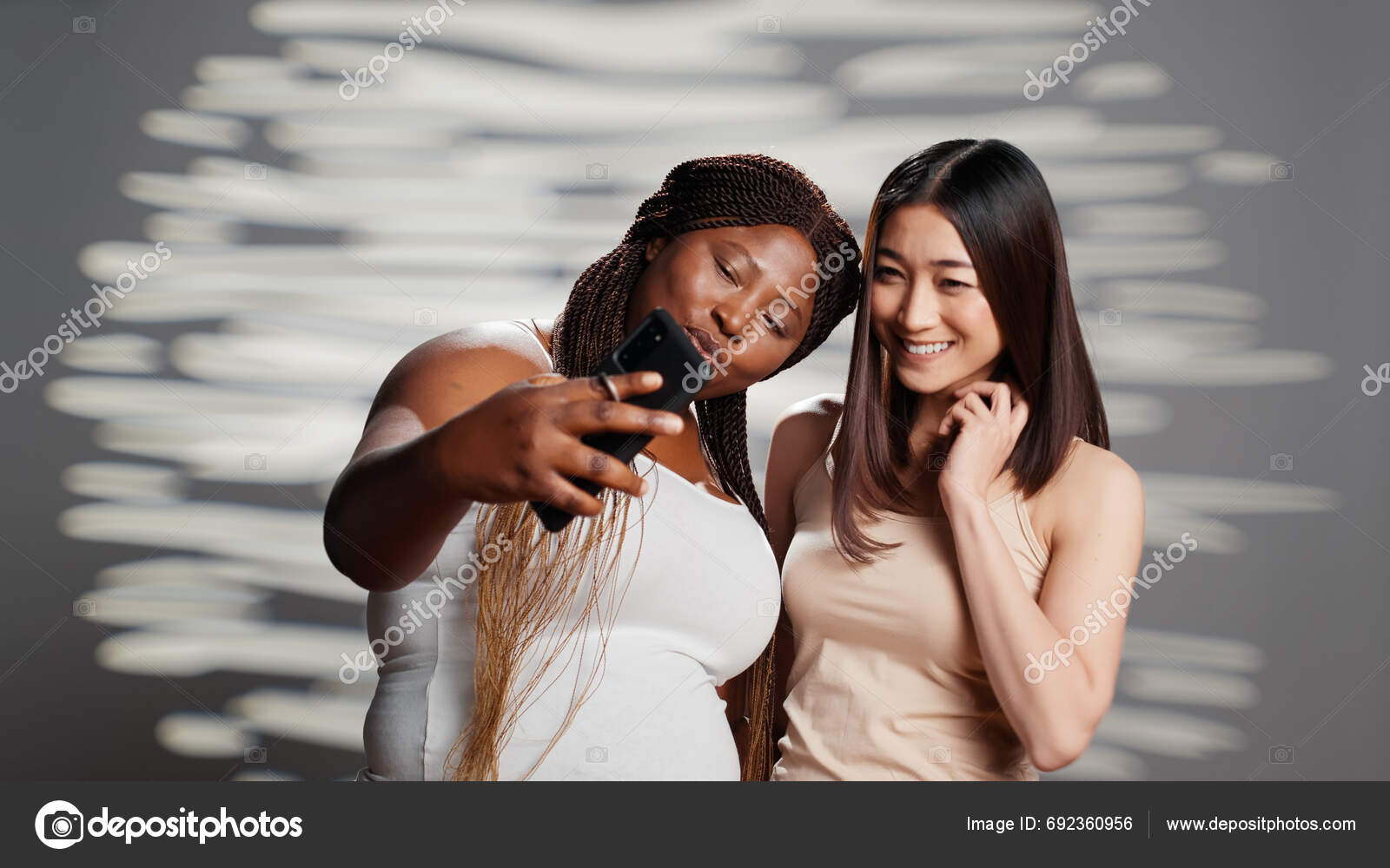 Two Skincare Models Taking Photos Smartphone Diverse Young Women ...