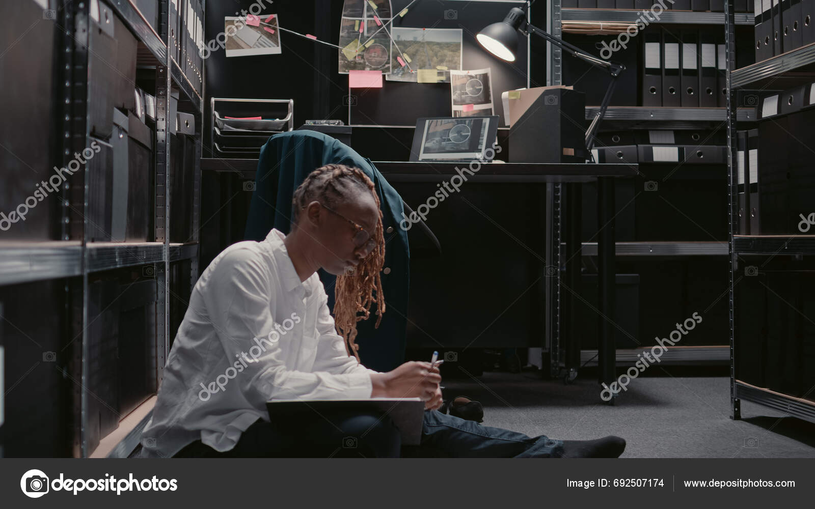 African American Detective Looking Case Files Floor Reading Witness ...