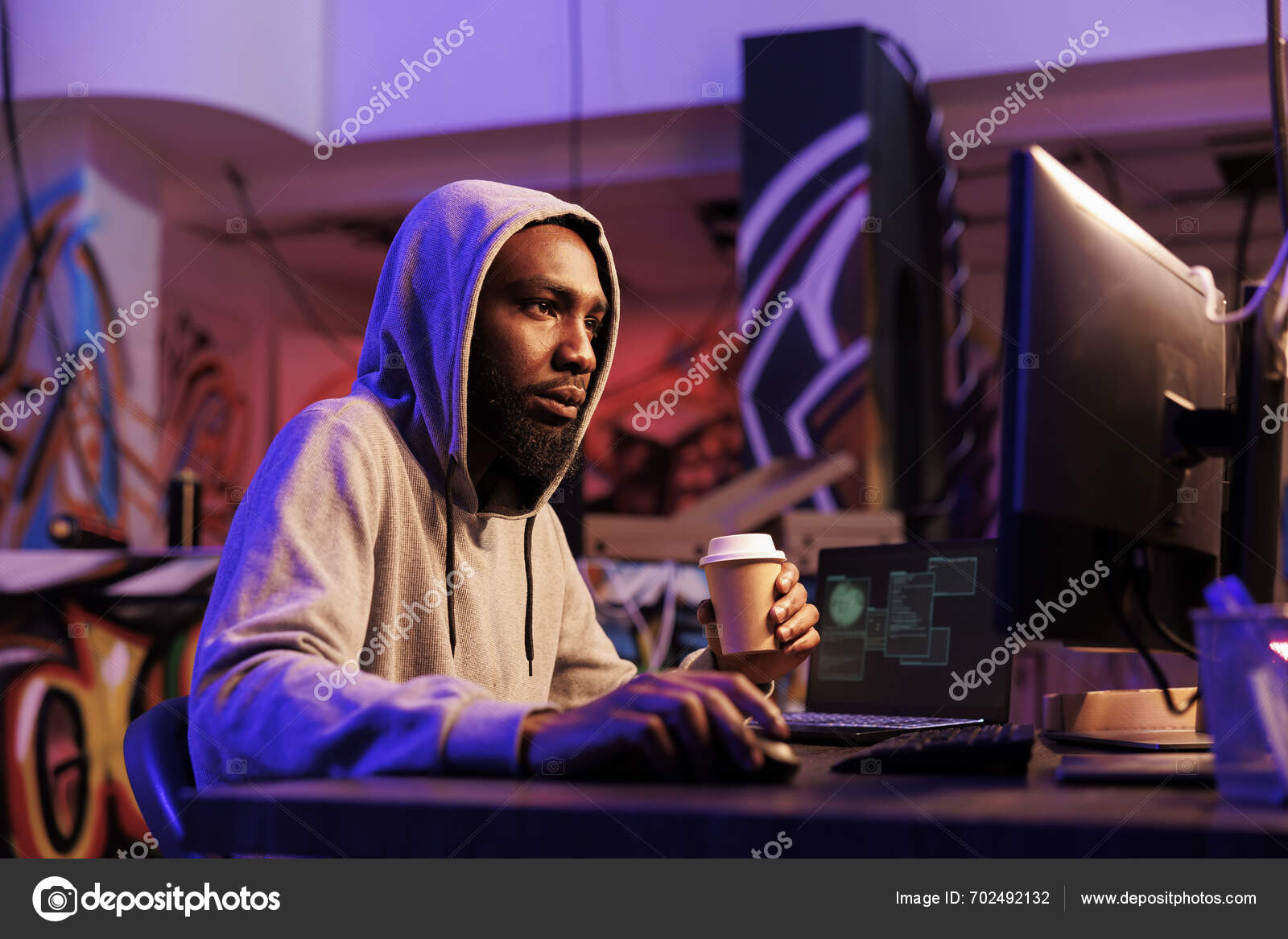 Hacker Drinking Coffee While Doing Criminal Activity Computer Late ...