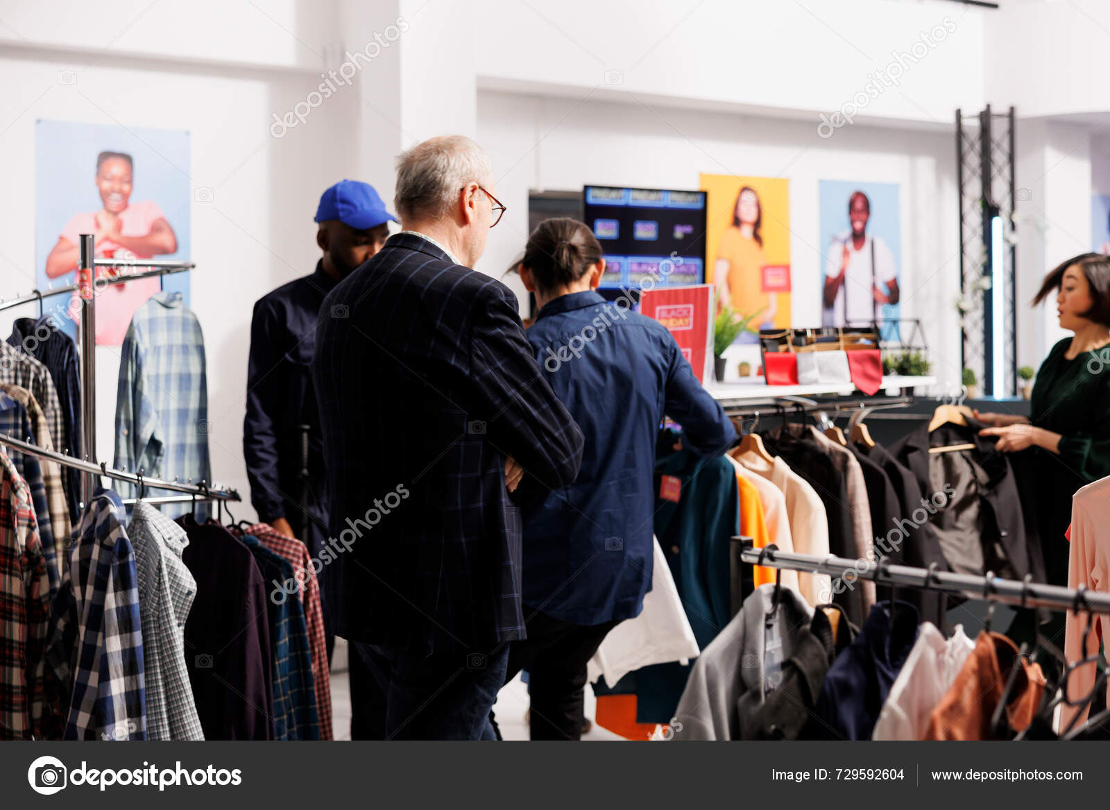 Group Diverse People Shoppers Standing Clothing Store Choosing Clothes ...
