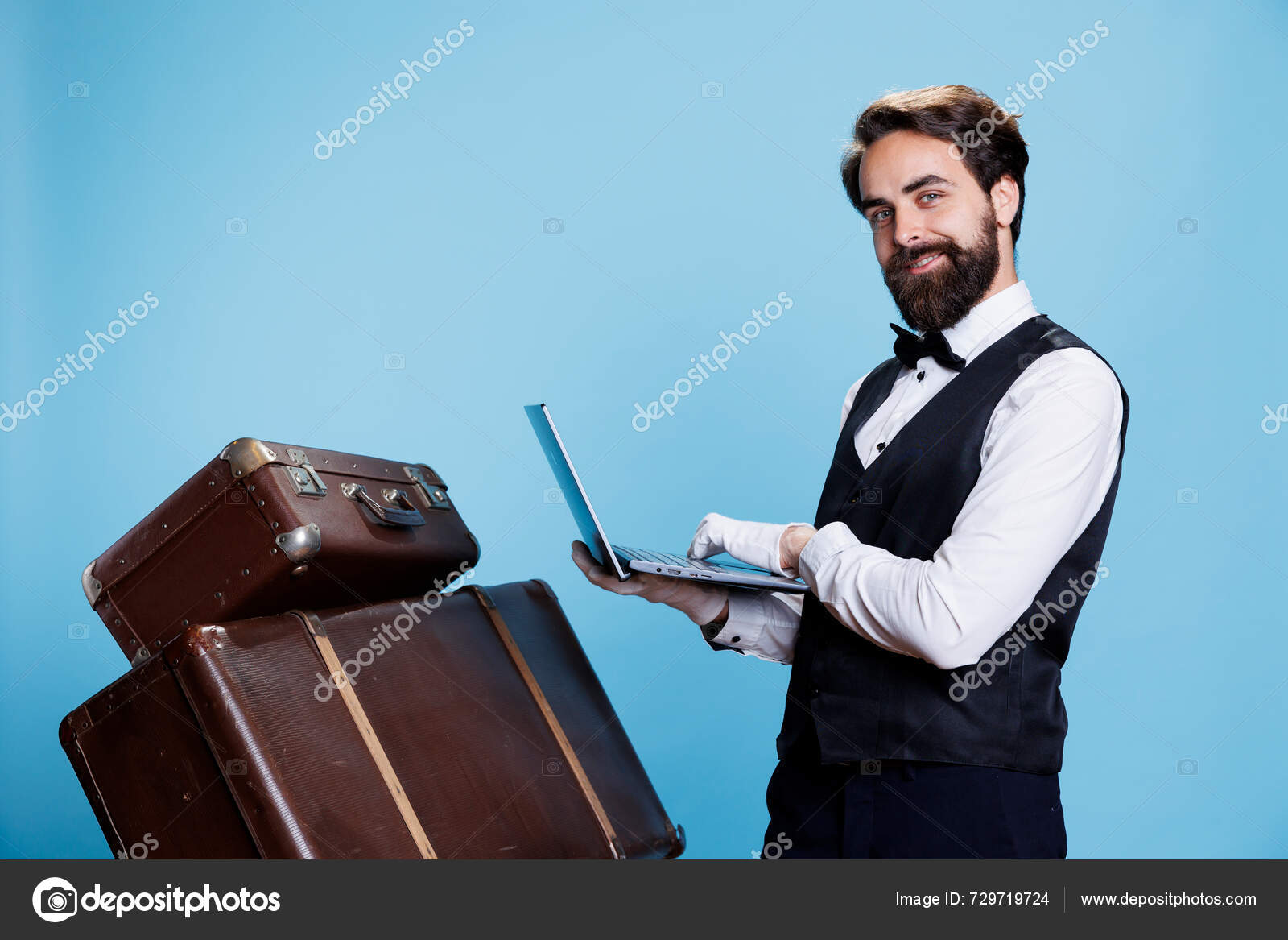 Hotel Porter Browses Bookings Laptop Exude Professionalism Reviewing ...