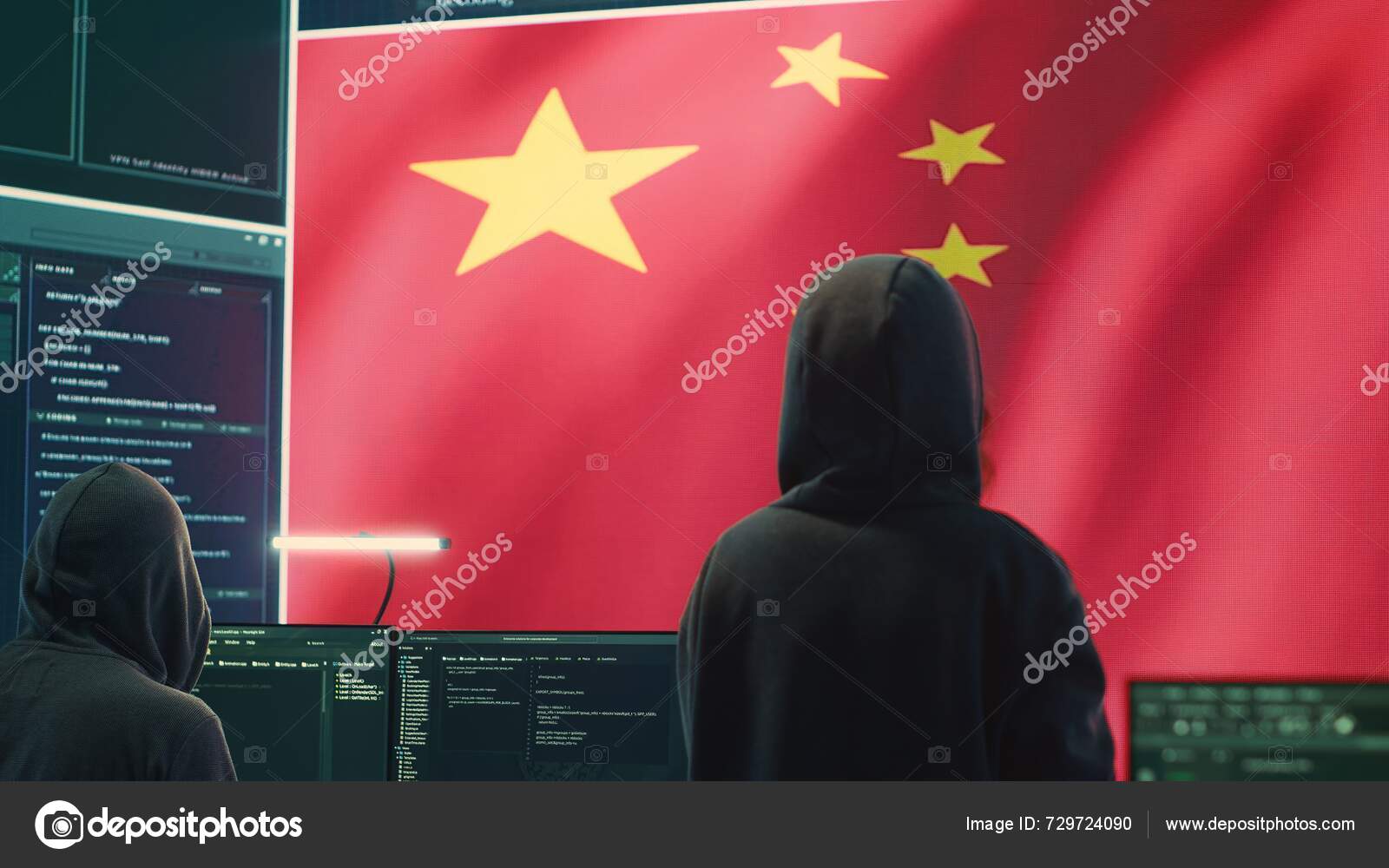 Governmental Hacker High Tech Office Chinese Flag Shown Big Screen ...