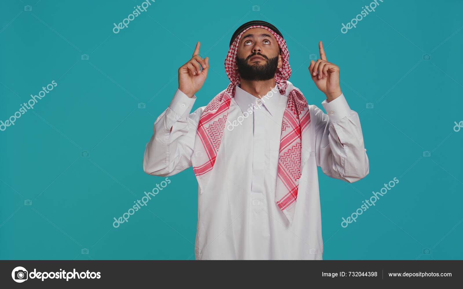 Middle Eastern Man Pointing Head Looking Indicating Direction Upwards ...