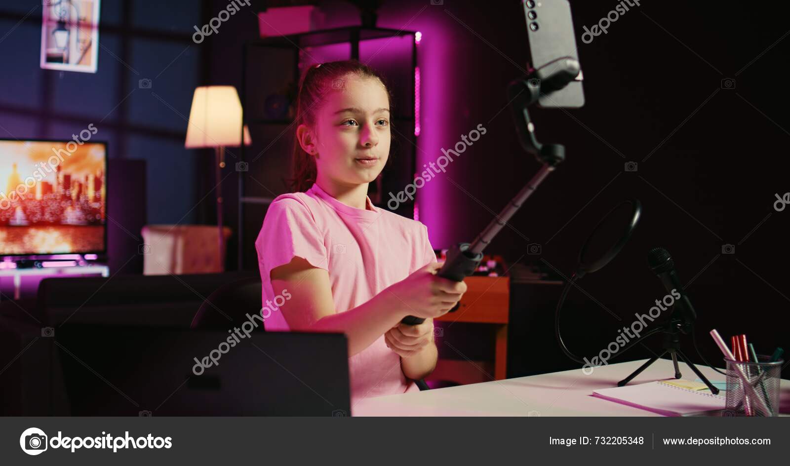 Child Filming Smartphone Attached Selfie Stick Living Room Used ...