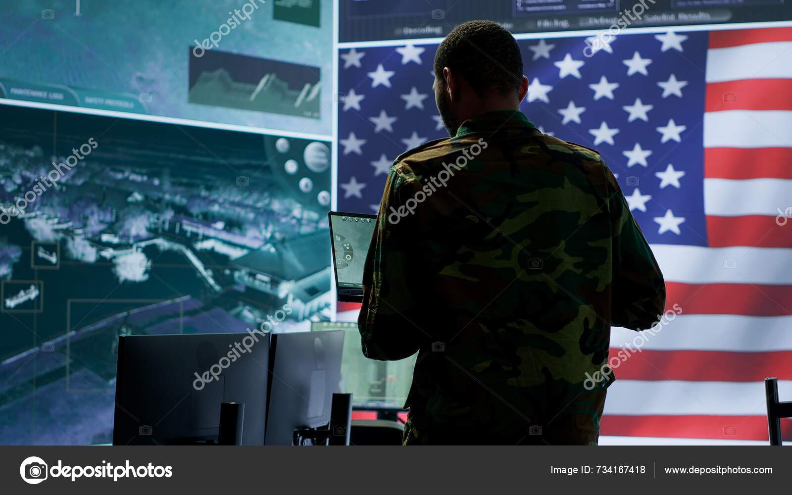 Professionals Military Uniforms Operate Computers Big Screen Working ...