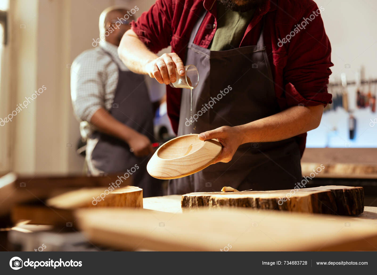 Man Pouring Lacquer Wood Surface Assembly Shop Starting Restoration ...