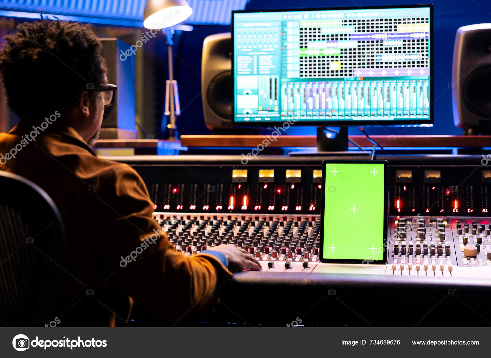 Audio Engineer Editing Music Control Desk Panel Board Recording Tracks ...