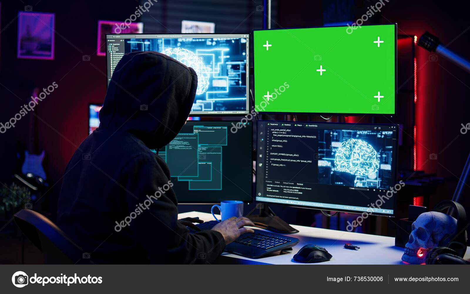 Hacker Using Green Screen Find Unpatched Connections Steal Data Scammer ...
