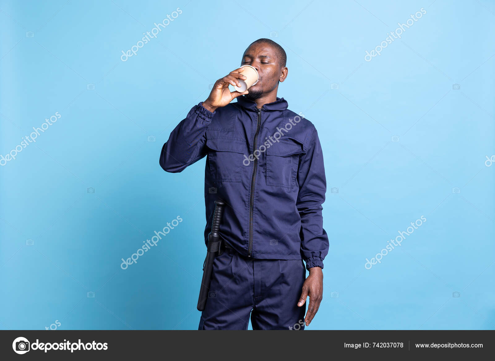 Portrait African American Security Guard Serves Coffee Cup Studio ...