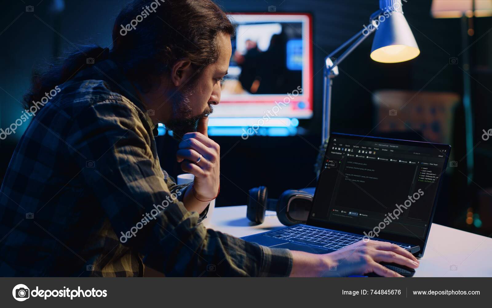 Experienced Programmer Writes Code Laptop Screen While Apartment Office ...