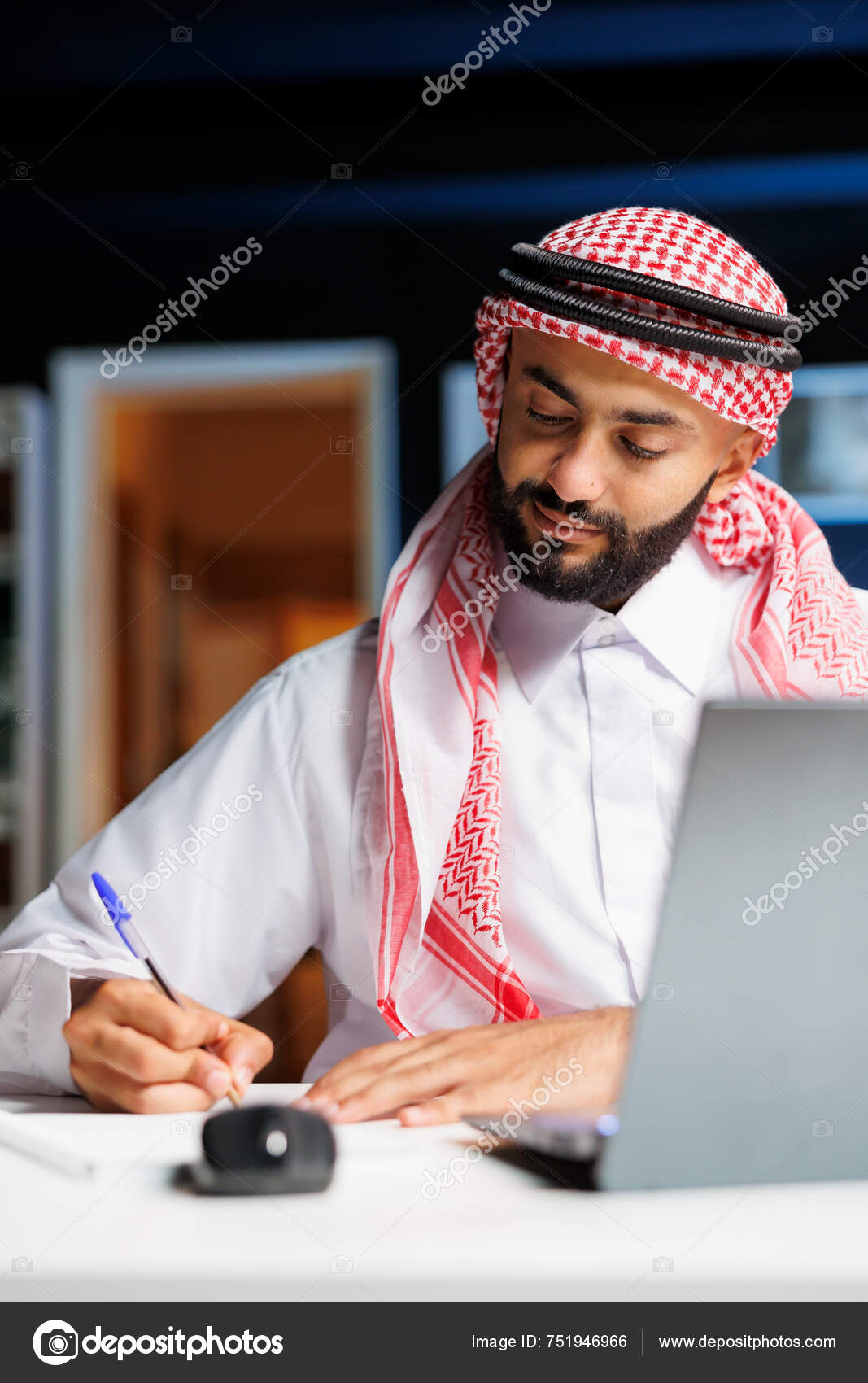 Focused Middle Eastern Man Working Table Notebook Shown Detail Dressed ...