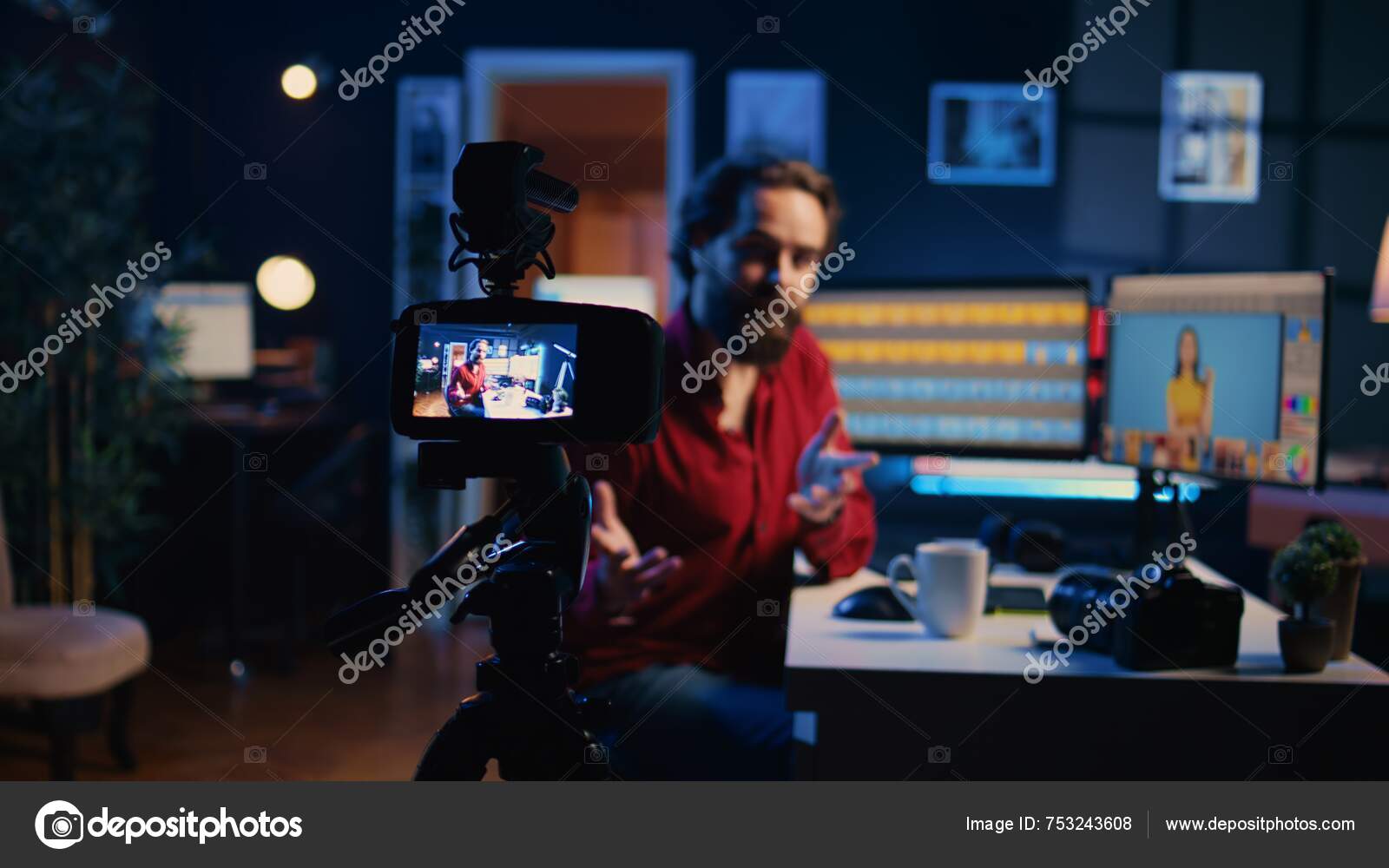 Photographer Using Professional Camera Record Explaining Basic Photography Editing Techniques ...