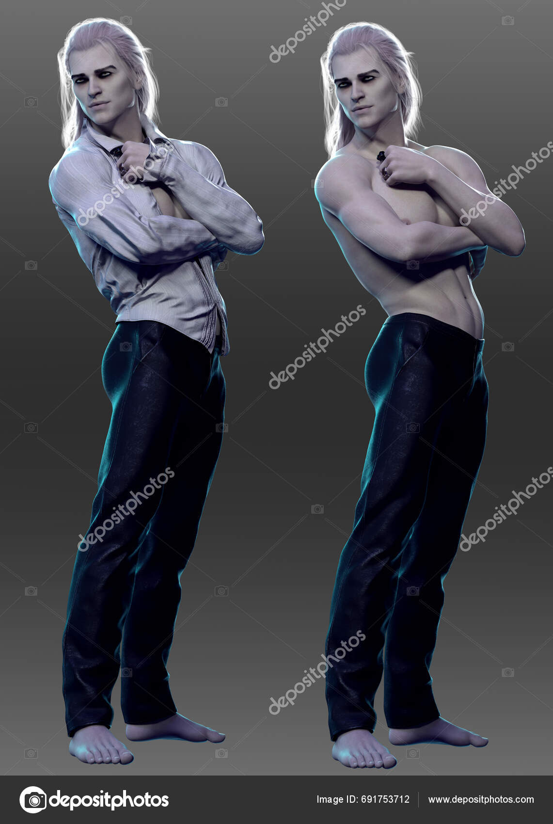 Fantasy Vampire Dark Elf Man Both Shirtless Romantic Wear Long — Stock ...