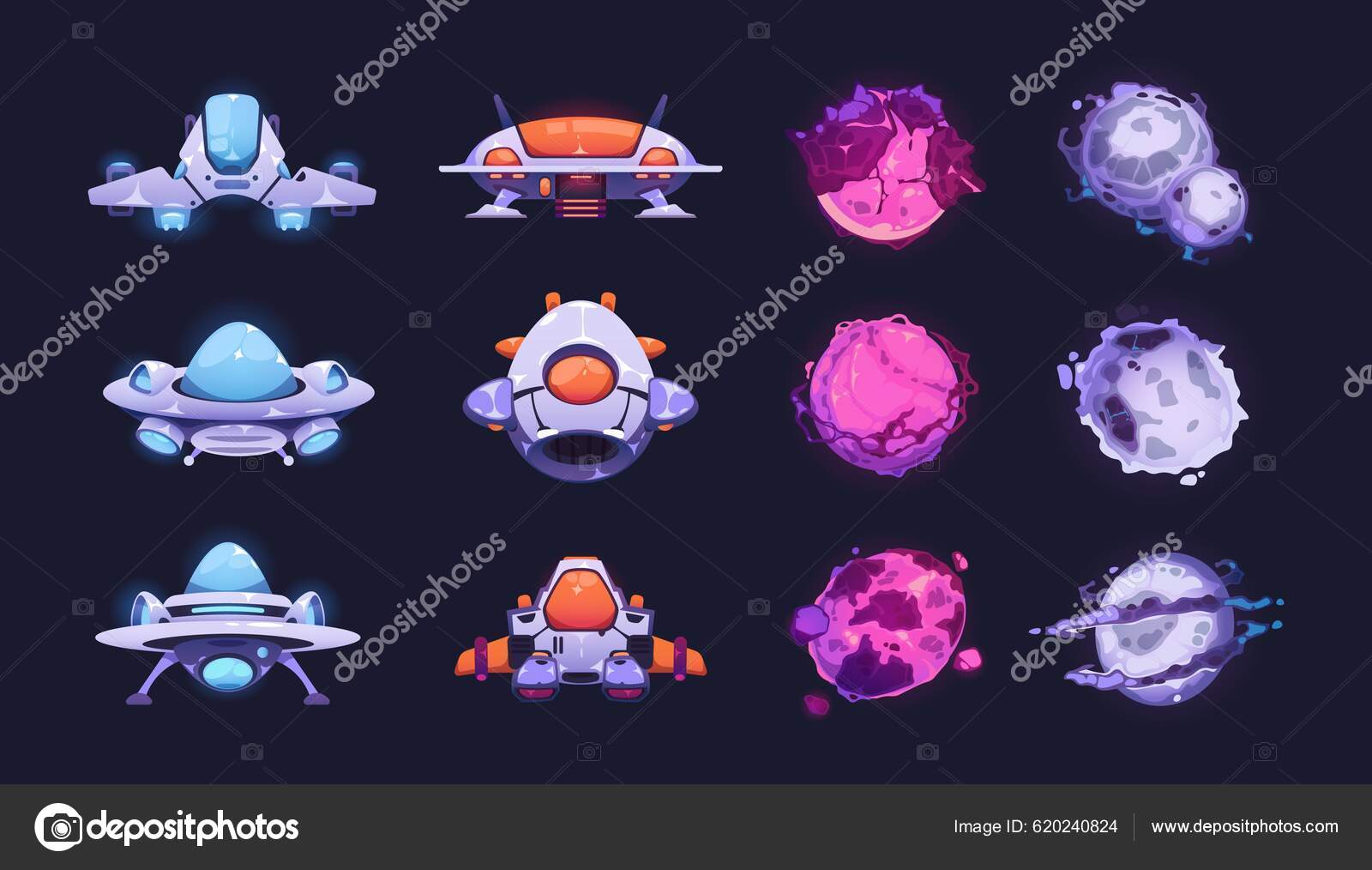 Fantasy Planets Ships Cartoon Neon Spaceship Cosmic Icons Game Design ...