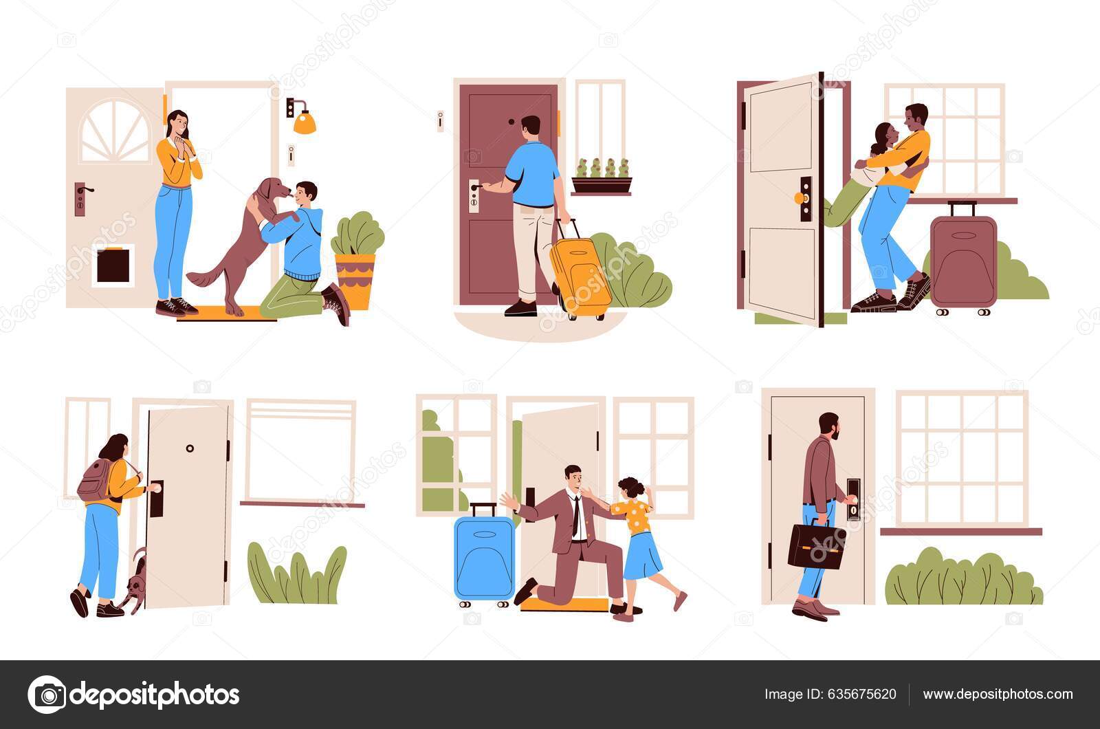 People Return Home Cartoon Characters Returning Apartment Man Woman ...