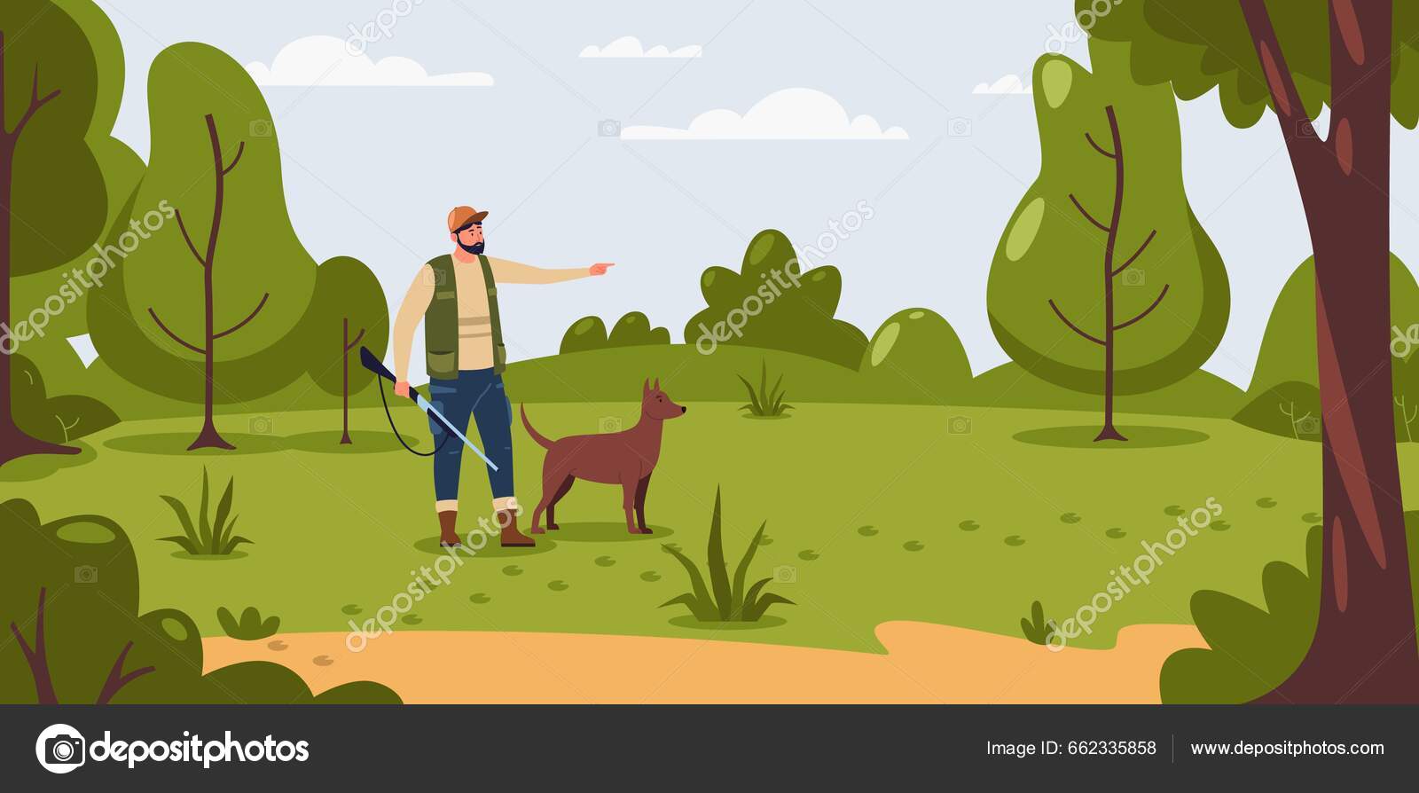 Ilustración Caza Cazador Dibujos Animados Con Pistola Apuntando Objetivo Con Vector de stock por ...