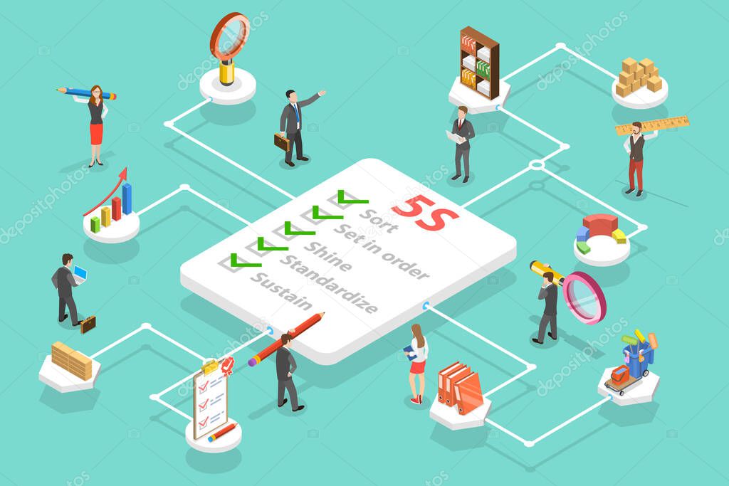 3D Isometric Flat Vector Conceptual Illustration of Workplace Organization 5S Methodology, Sort ...