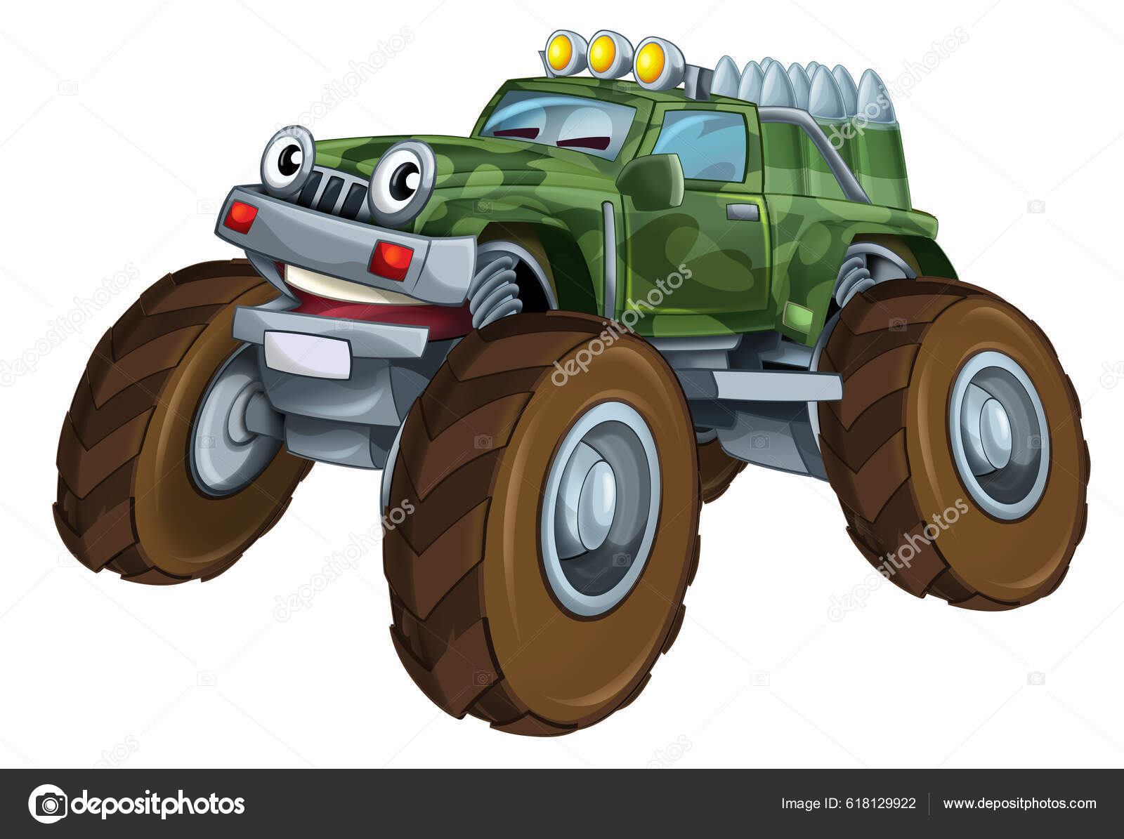 Cartoon Happy Funny Road Military Truck Looking Monster Truck Bullets ...