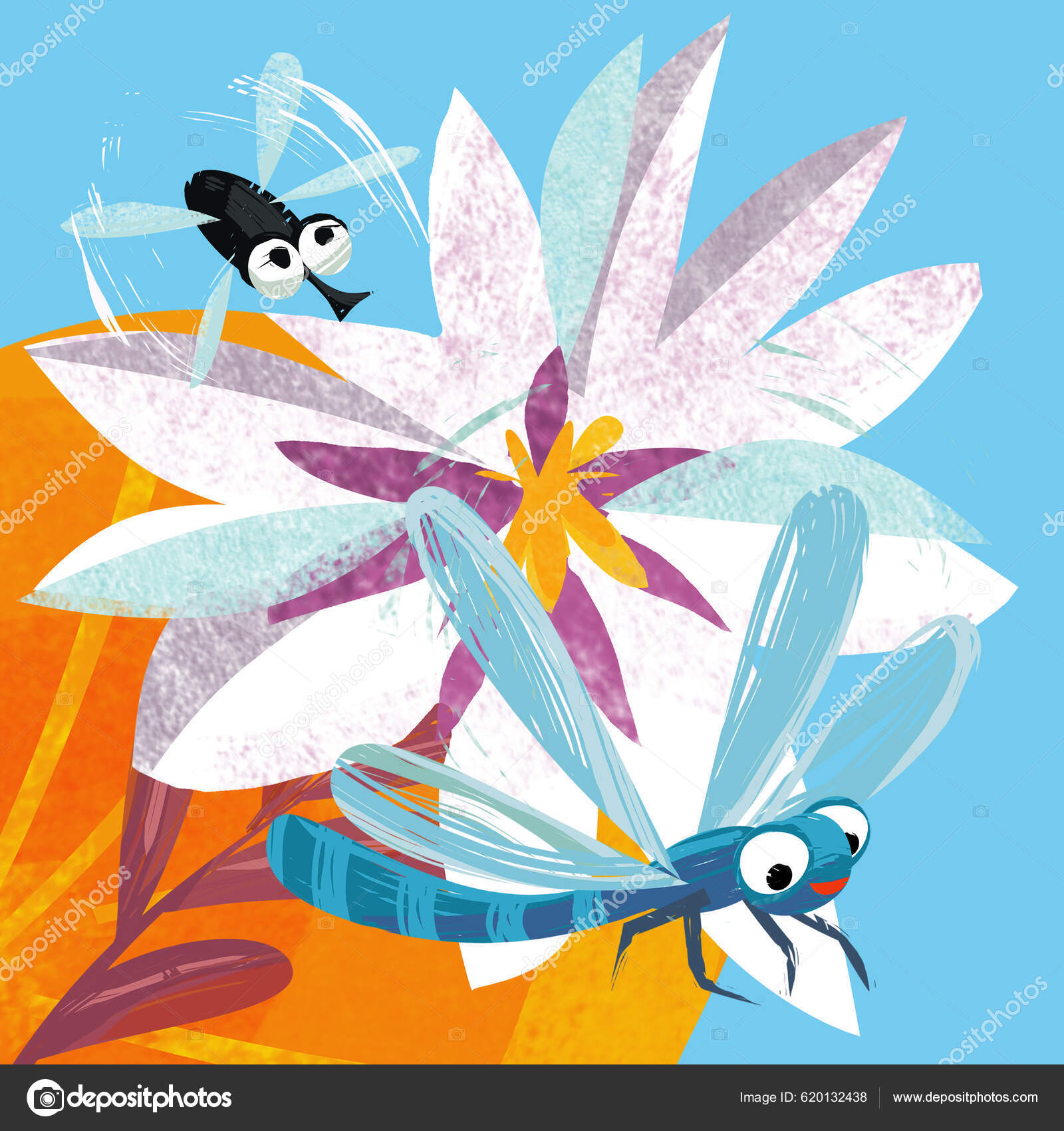 Cartoon Scene Funny Bug Insect Flying Illustration Children Stock ...