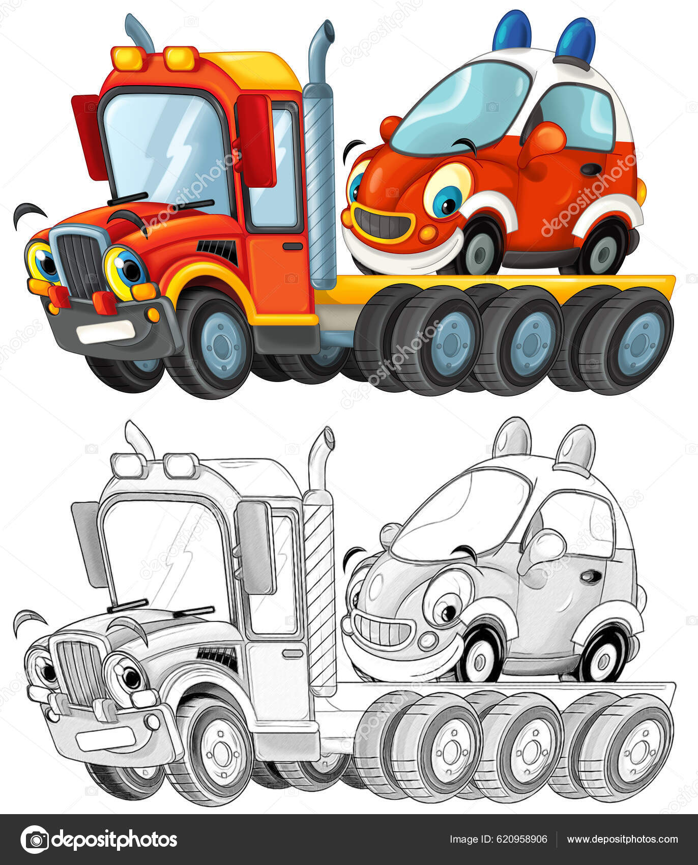 Funny Cartoon Tow Truck Driver Other Car Isolated White Background ...