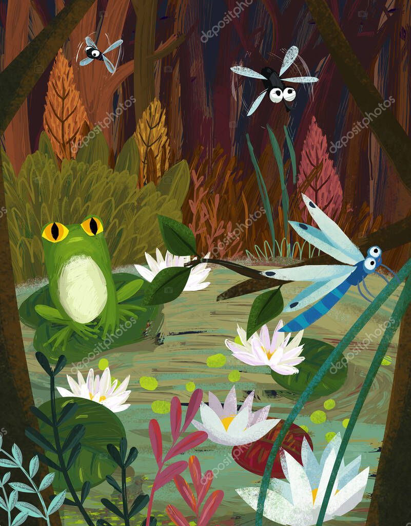 divertida escena de dibujos animados con rana y bichos divertidos ...