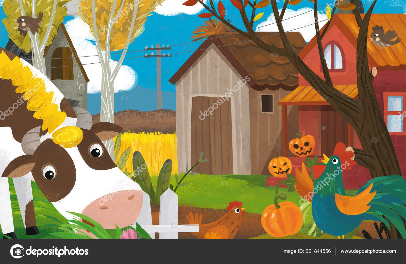 Escena Rancho Granja Dibujos Animados Con Diferentes Animales Calabazas ...