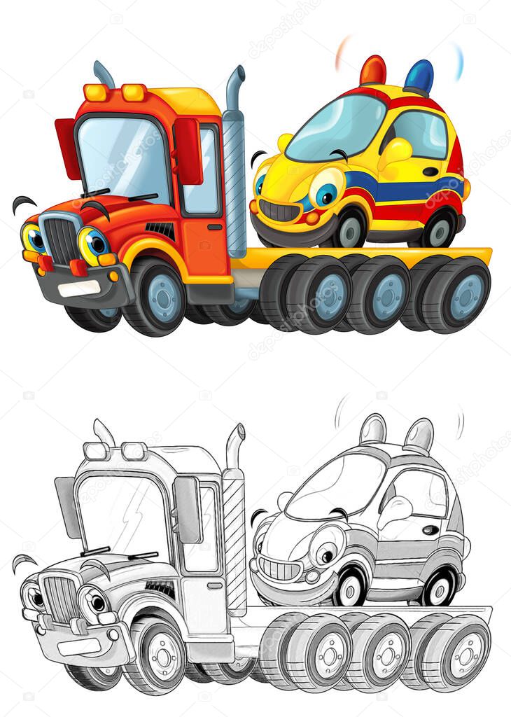 conductor divertido de la gr a de dibujos animados con otro coche aislado en la ilustraci n de ...