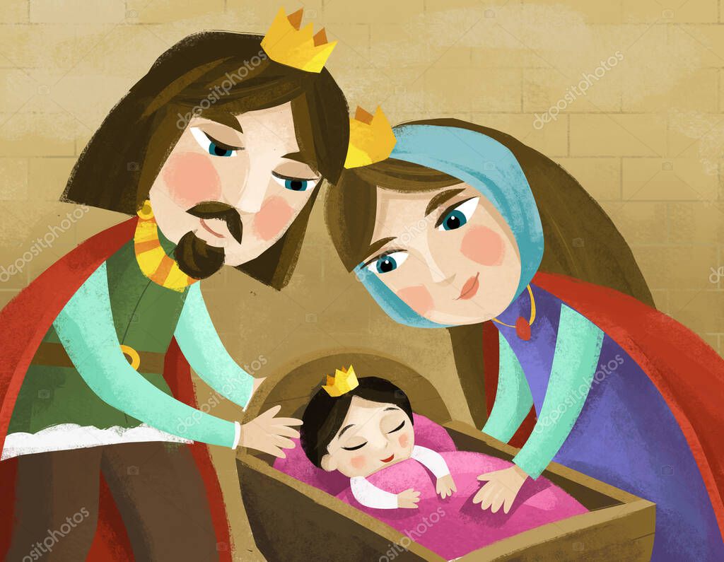 escena de dibujos animados con reina y rey con hijo o hija en el ...