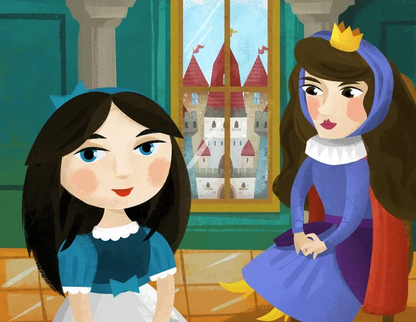 Tecknad Scen Med Prins Pratar Med Dvärgar Illustration För Barn ...