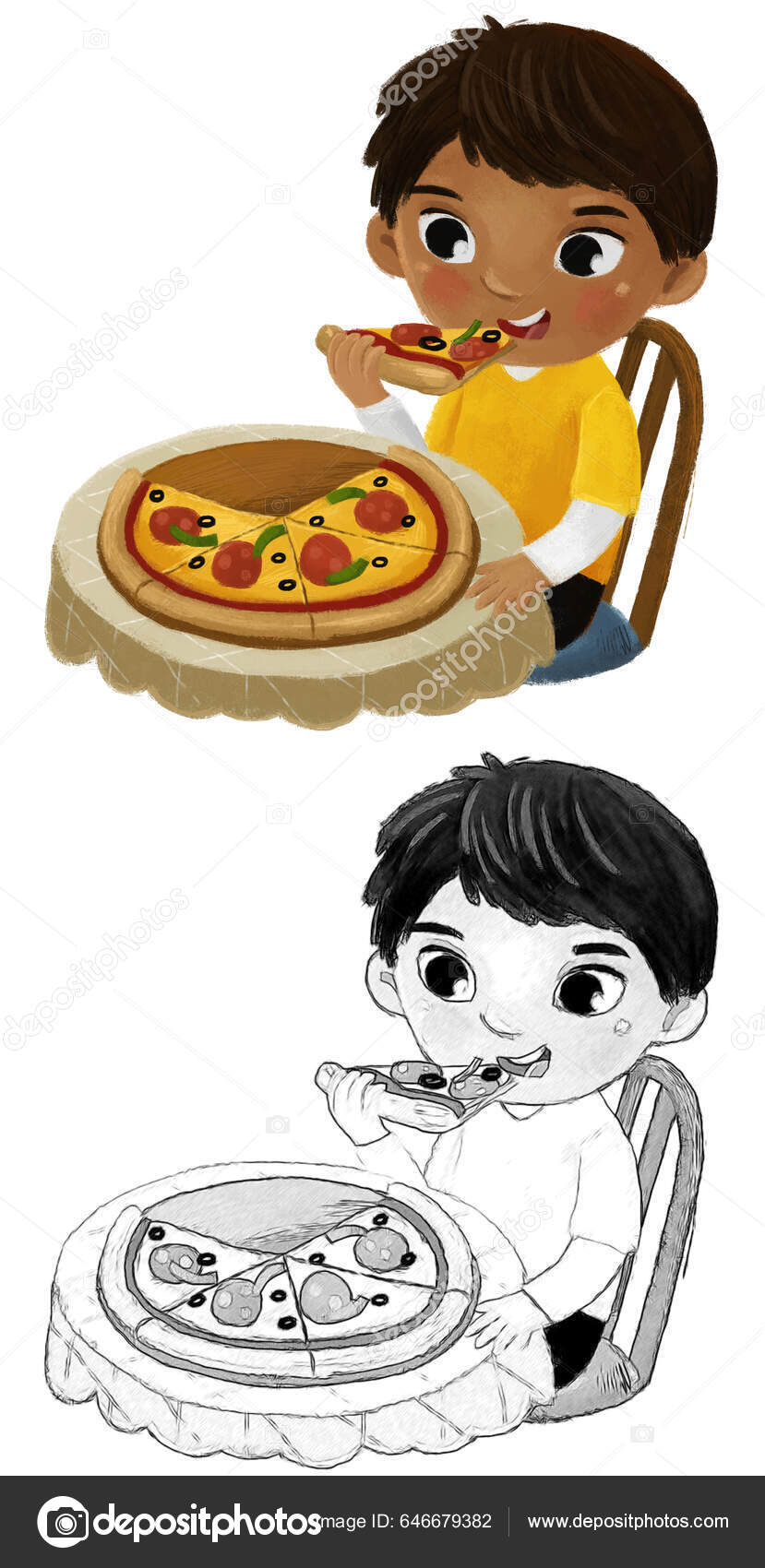 Cartoon Scene Boy Eating Pizza Dinner Illustration Kids Stock ...