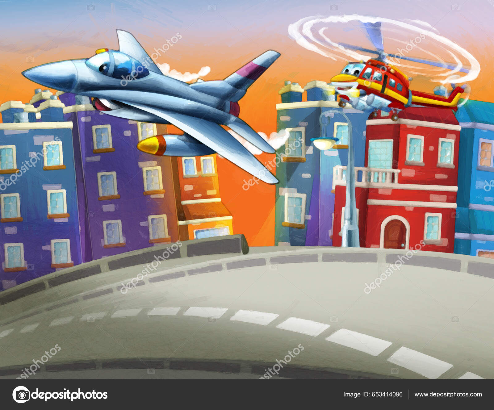 Cartoon Happy Scene Plane Helicopter Flying City Illustration Children ...