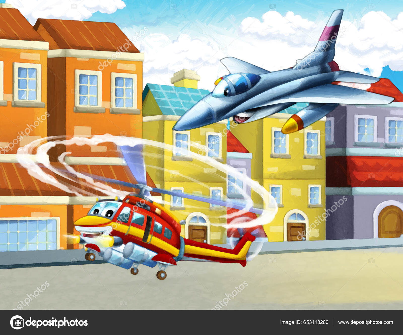 Cartoon Happy Scene Plane Helicopter Flying City Illustration Children ...