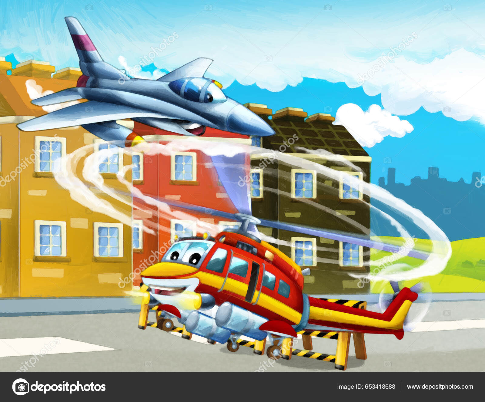 Cartoon Happy Scene Plane Helicopter Flying City Illustration Children ...