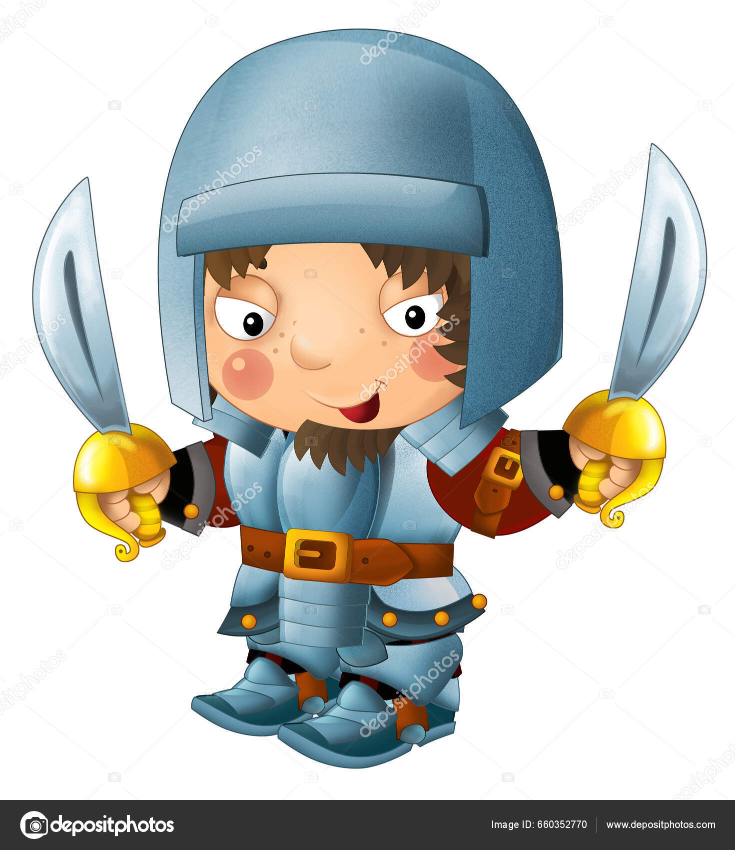 Tecknad Scen Med Medeltida Glad Riddare Rustning Isolerad Illustration ...