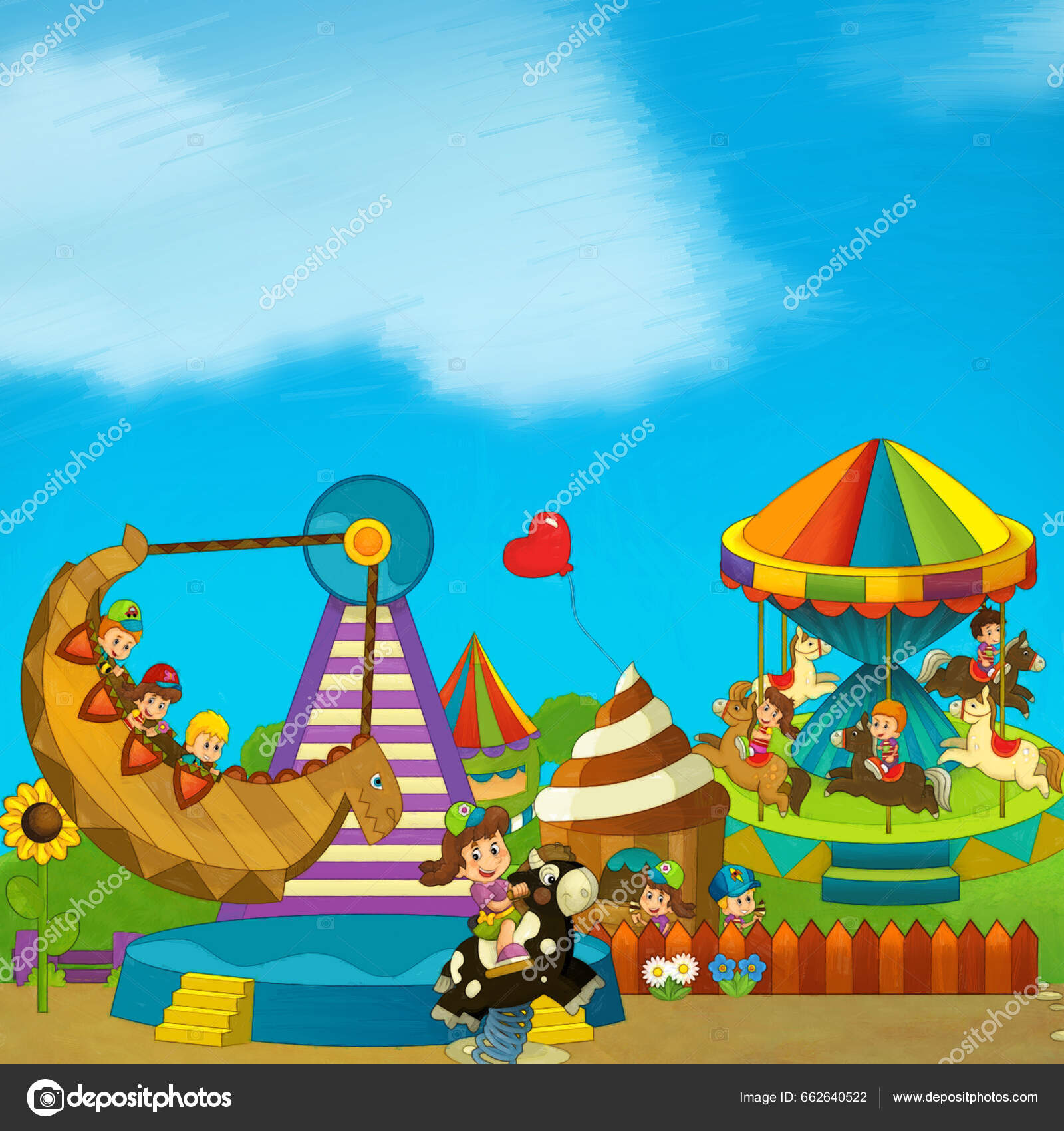 Cartoon Scene Kids Playing Funfair Amusement Park Playground Funny ...