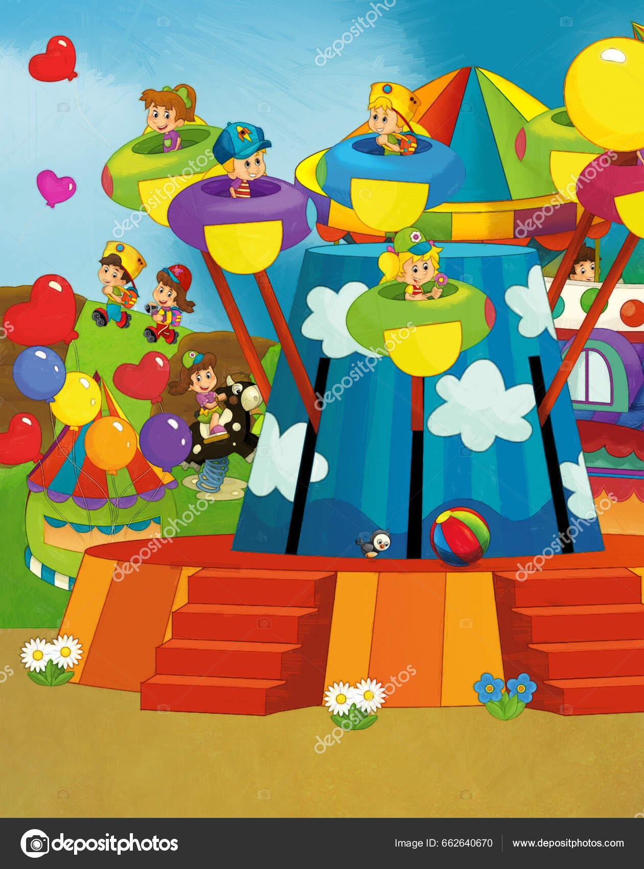Cartoon Scene Kids Playing Funfair Amusement Park Playground Funny ...
