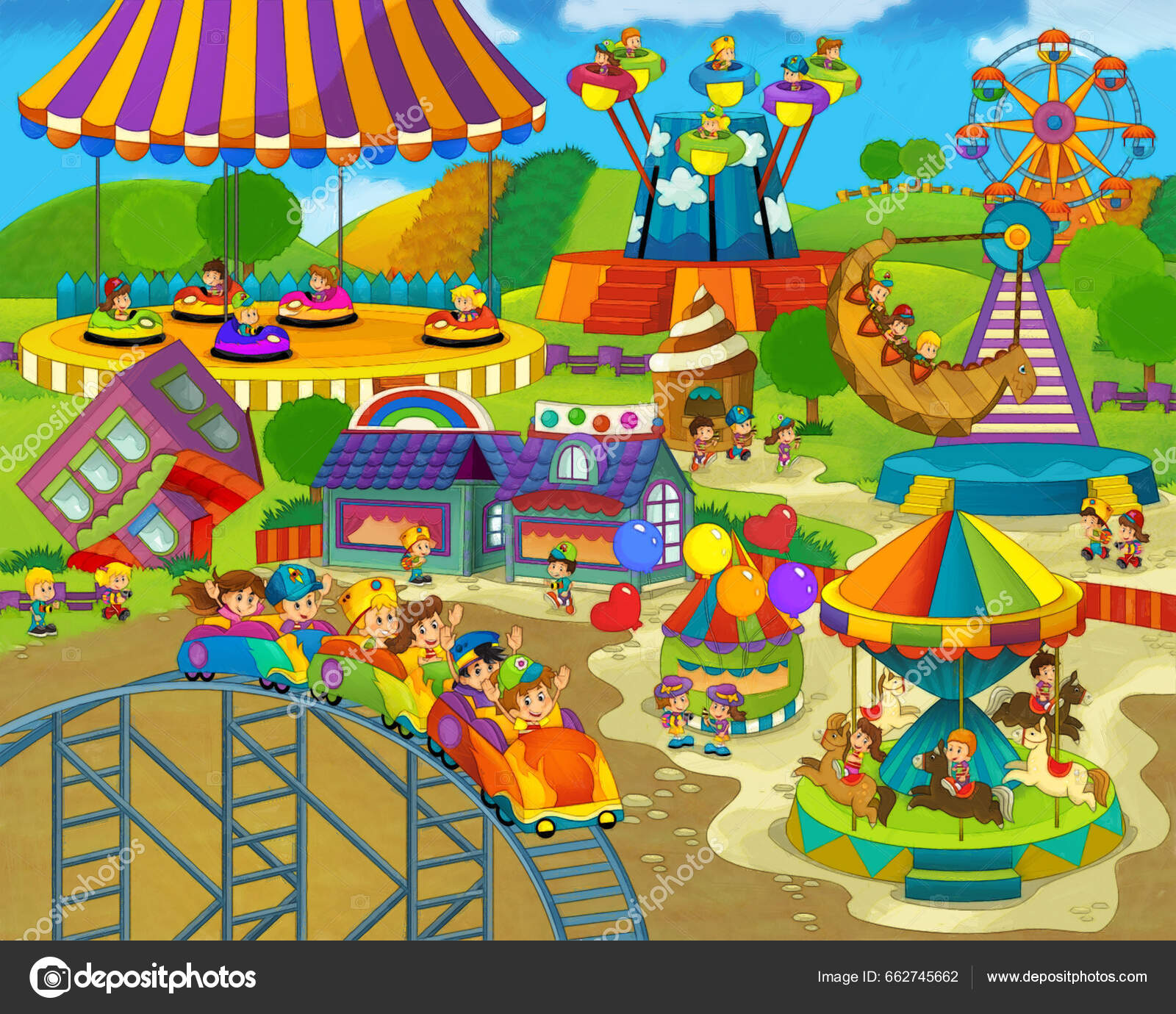 Cartoon Scene Kids Playing Funfair Amusement Park Playground Funny ...