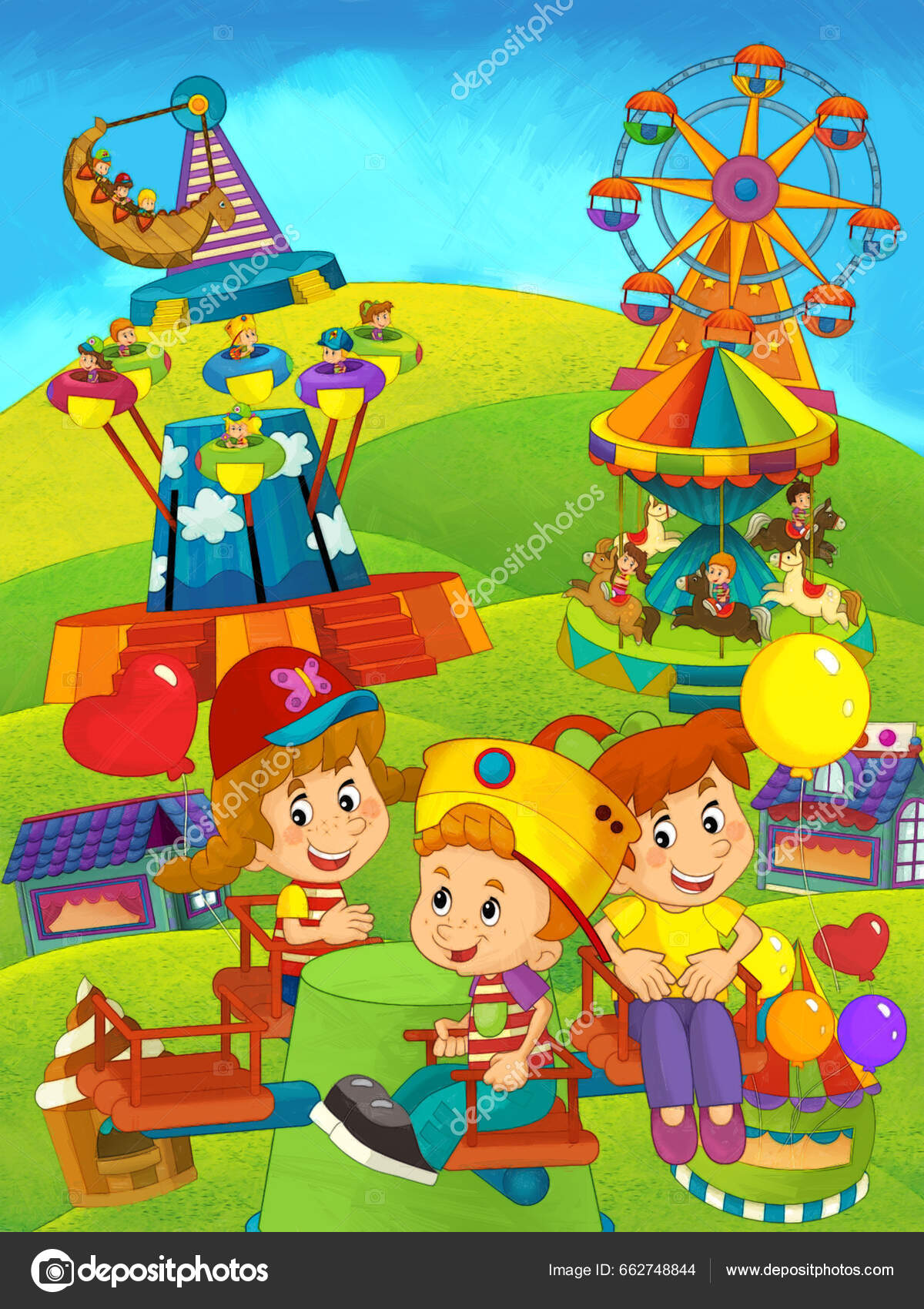 Cartoon Scene Kids Playing Funfair Amusement Park Playground Funny ...