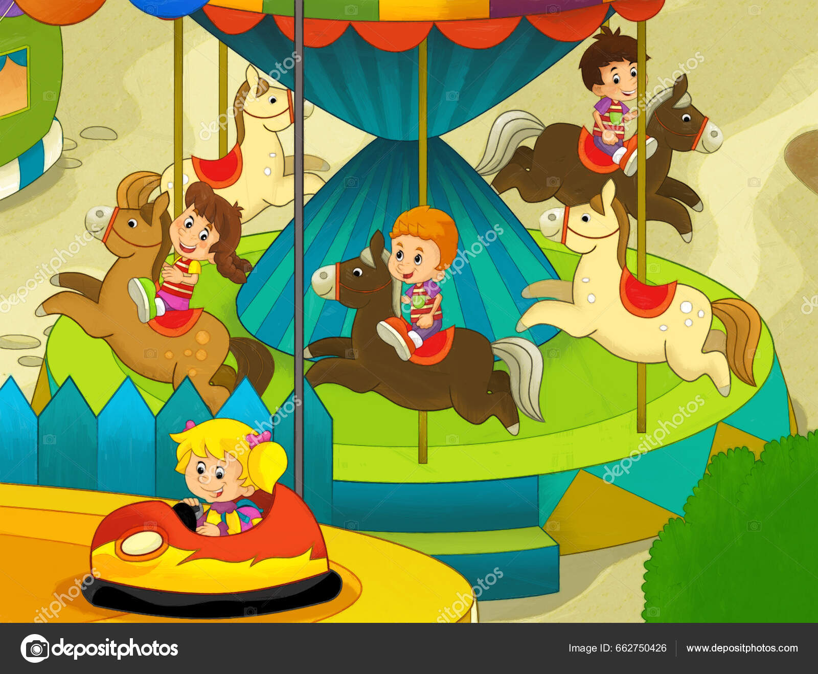 Cartoon Scene Kids Playing Funfair Amusement Park Playground Funny ...