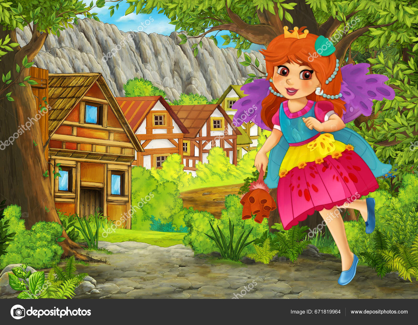 Escena Verano Dibujos Animados Con Camino Aldea Granja Con Príncipe ...