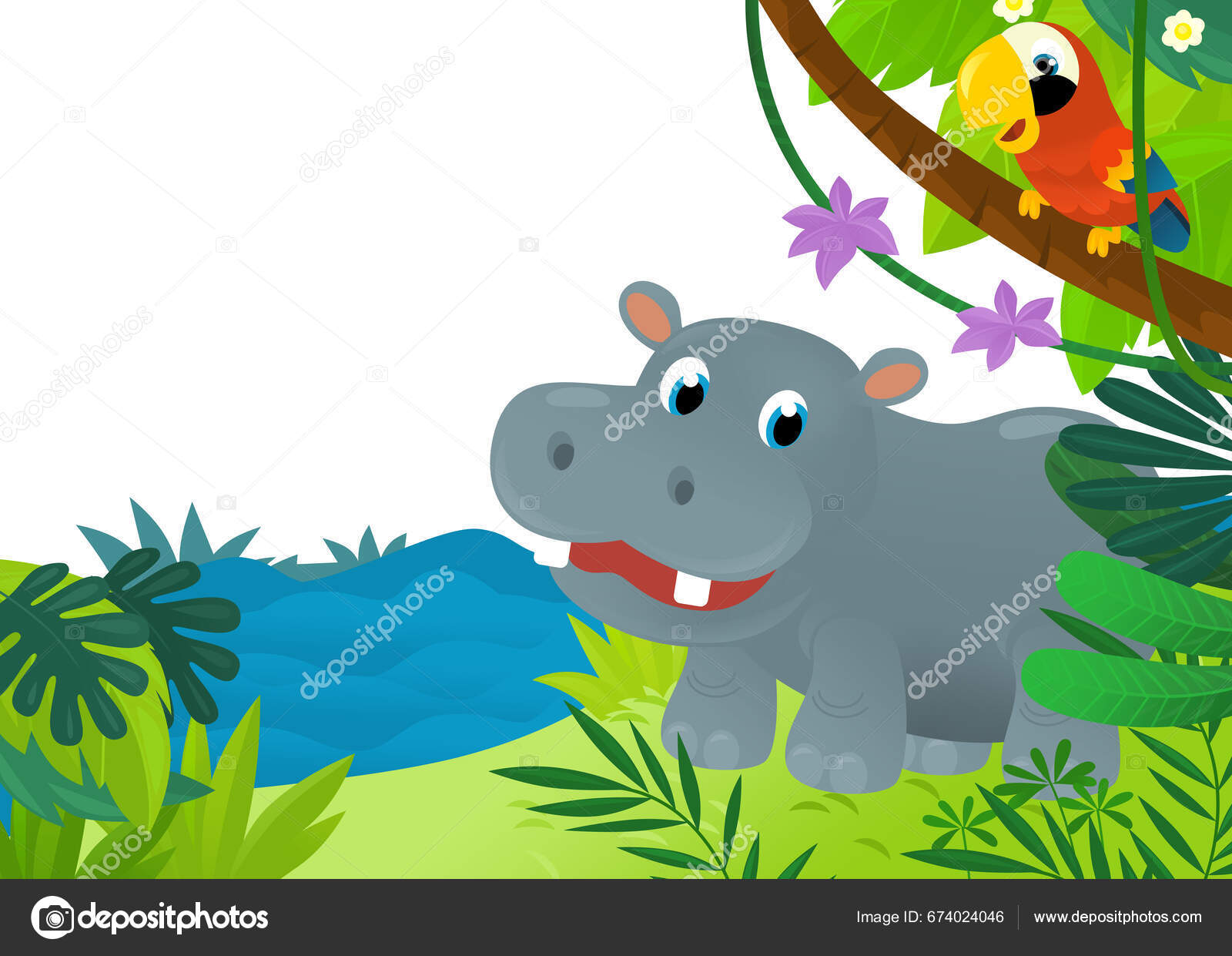 Cartoon Scene Jungle Animals Hippo Being Together Frame Illustration ...