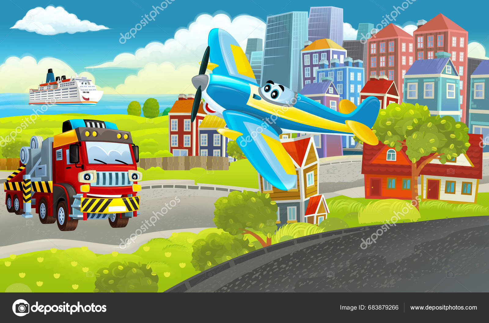 Cartoon Happy Scene Different Vehicles Cars Illustration Children ...