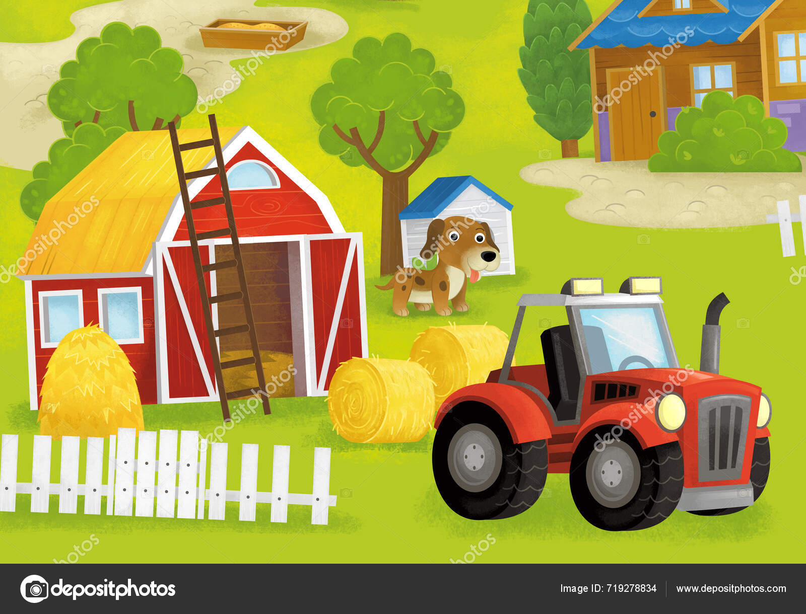 Cartoon Summer Scene Farm Ranch Enclosure Backyard Garden Happy Animals ...