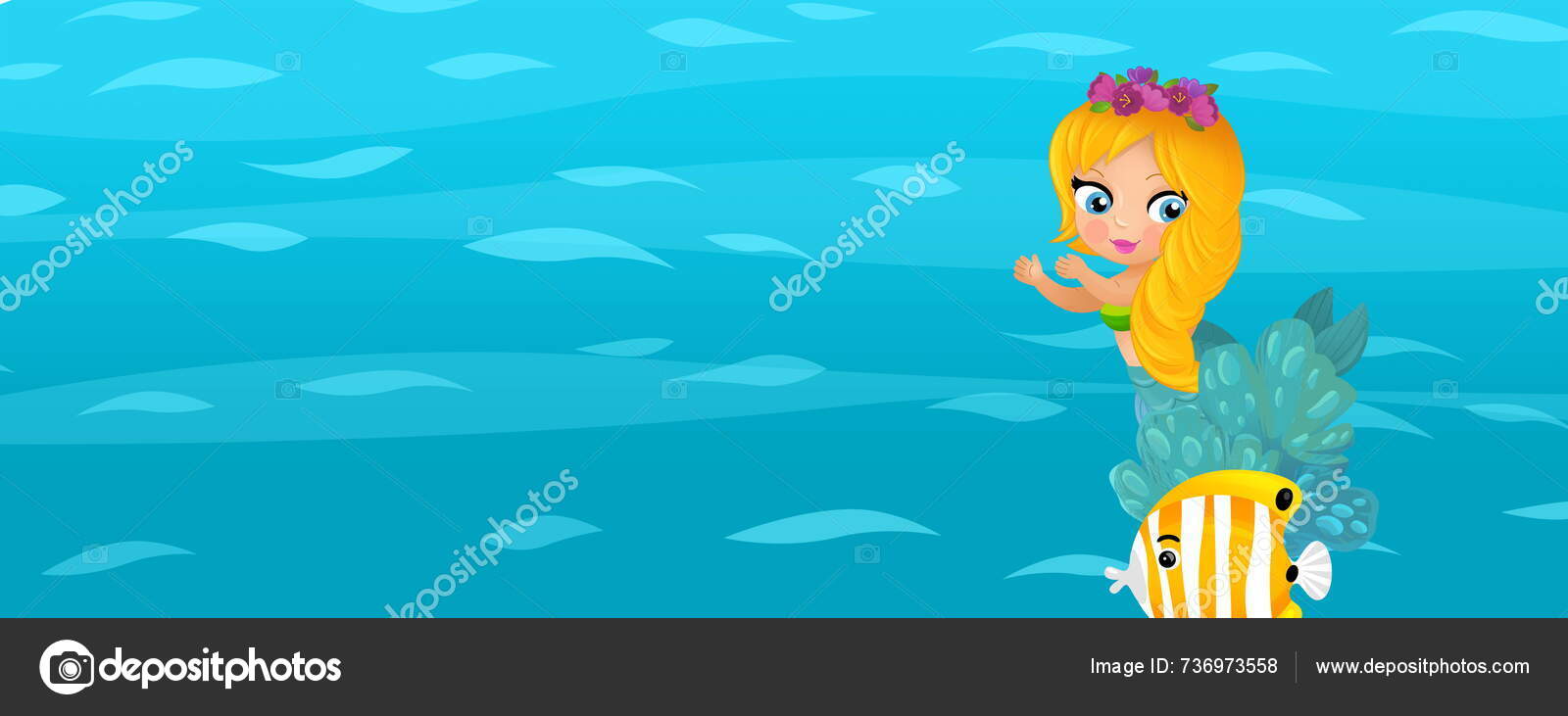 Cartoon Ocean Mermaid Underwater Kingdom Swimming Diving Illustration ...