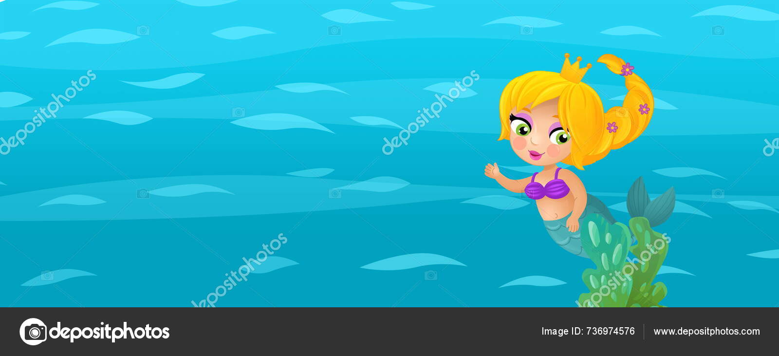 Cartoon Ocean Mermaid Underwater Kingdom Swimming Diving Illustration ...