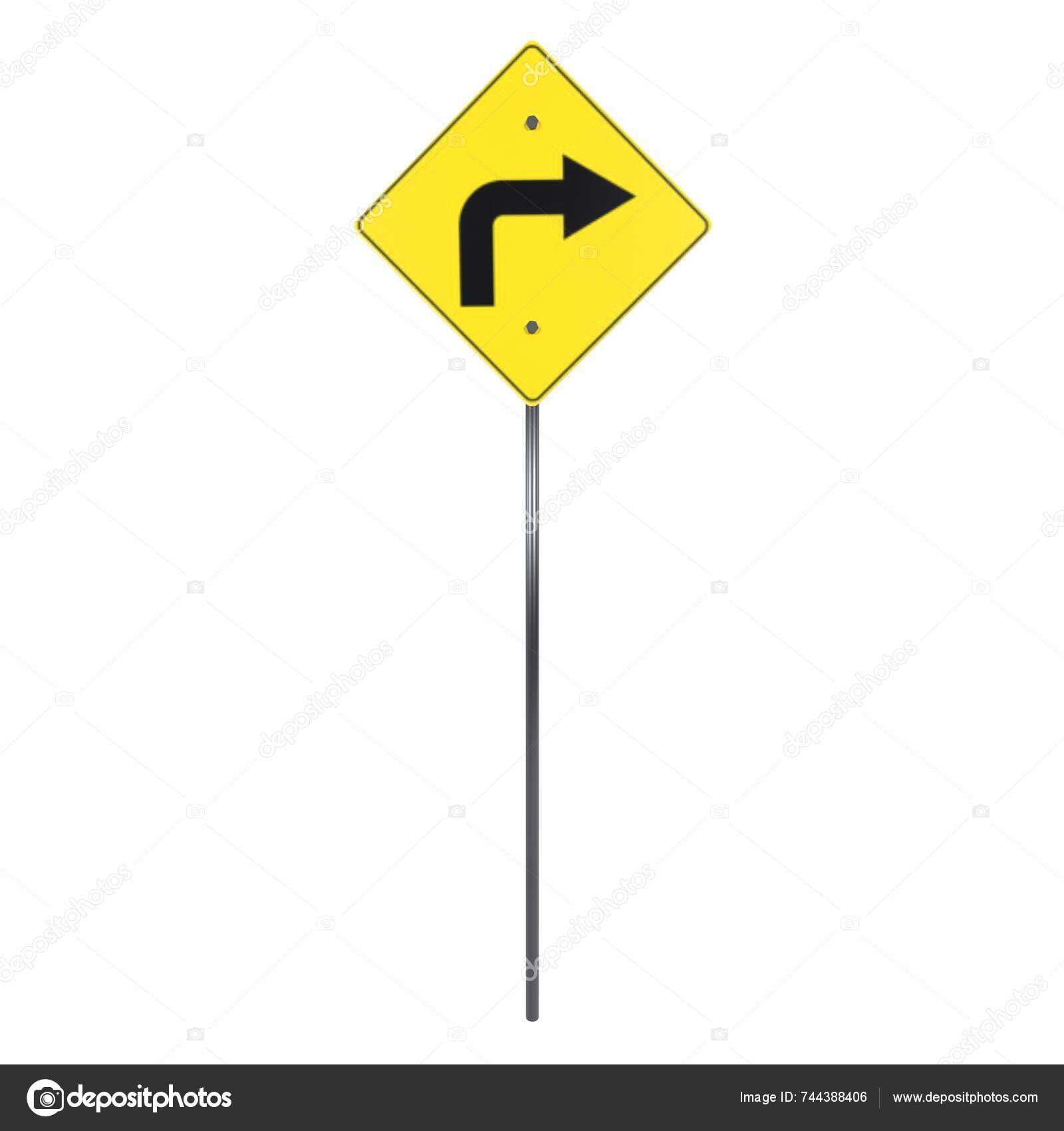 Bright Yellow Sign Indicating Right Turn Road Setting — Stock Photo ...