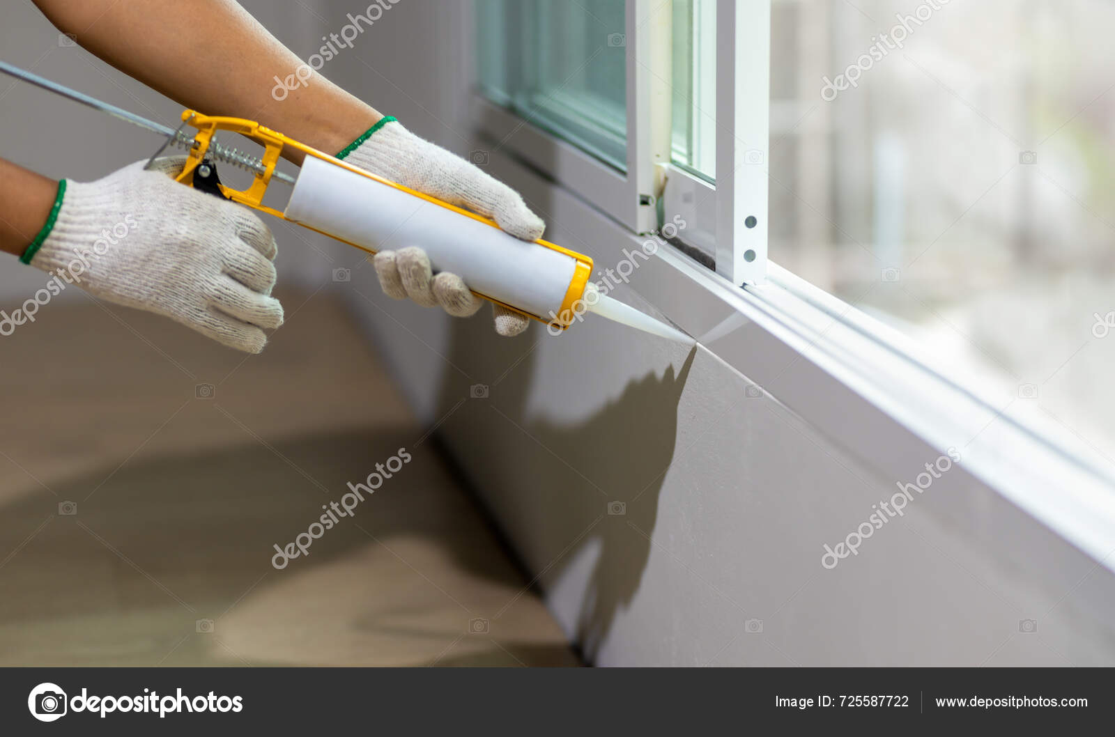 Construction Worker Using Silicone Sealant Caulk Window Frame — Stock ...