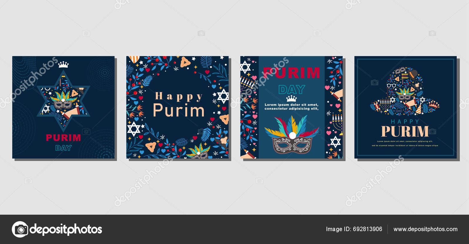 Elegant Purim Day Set Greeting Cards Posters Holiday Covers Stock ...